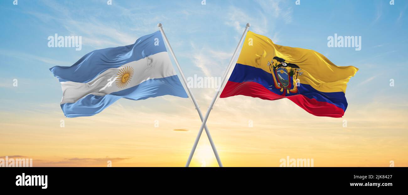 crossed national flags of Argentine and Ecuador flag waving in wind at ...