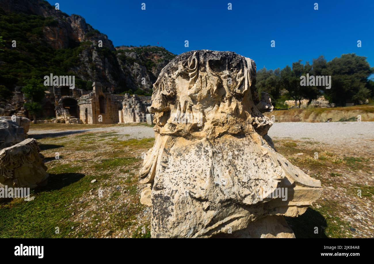 Fragments of ancient sculptures on archaeological site of Myra, Turkey ...