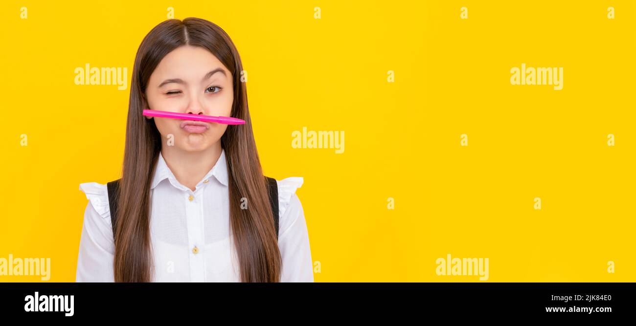 Knowledge day. Winking girl hold pen as mustache. School education ...