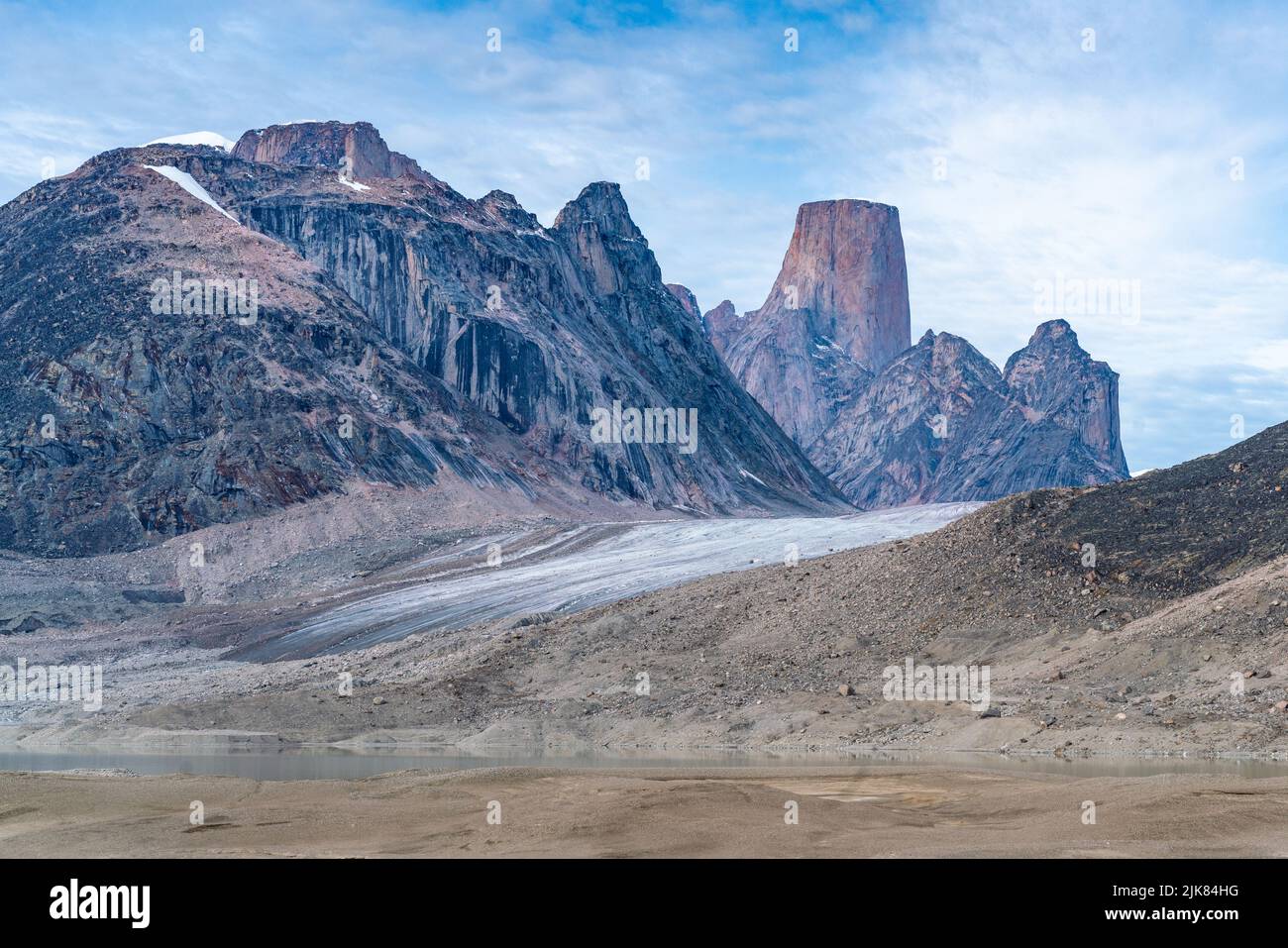 Iconic granite rock of Mt.Asgard towers above Turner glacier in remote ...