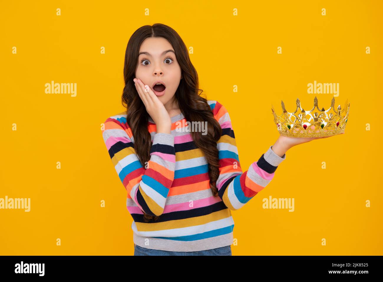 Teenager princess child celebrates success win and victory. Teen girl ...