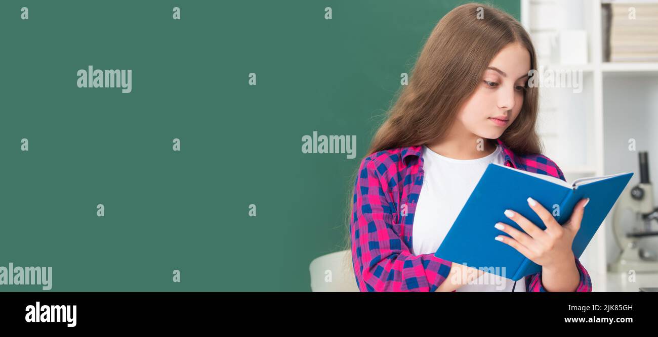 modern education. high school. schoolgirl with copybook. busy child read notebook. Banner of ...