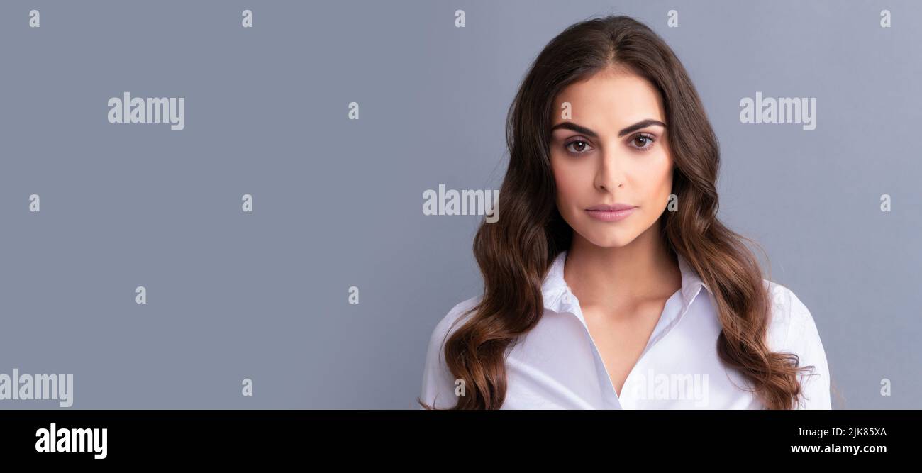 I am a woman. Woman portrait grey background. Career girl face. Business professional. Woman ...