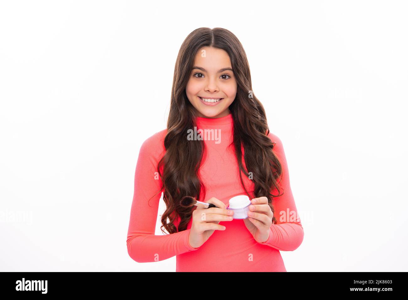 Beautiful portrait of teen girl child artist apply powder with make up ...