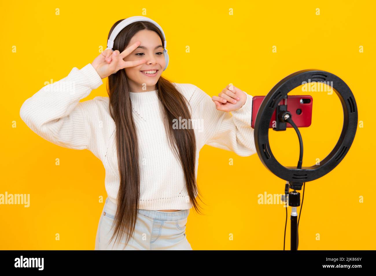 Music kids blog. Teenage girl blogger making video, child vlogger ...