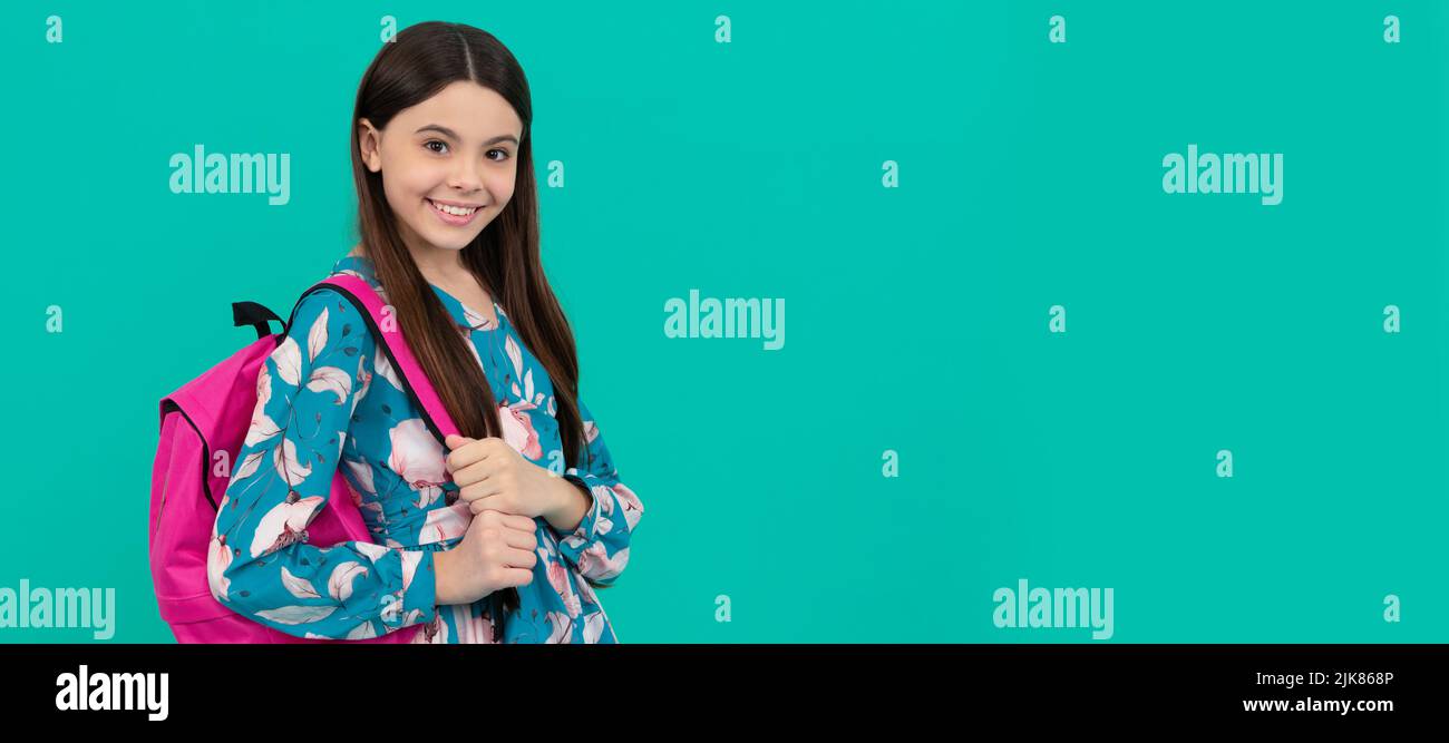 cheerful kid carry backpack going to school, education. Portrait of ...