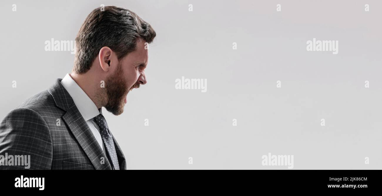 Screaming cry. Businessman scream grey background. Screaming in anger ...