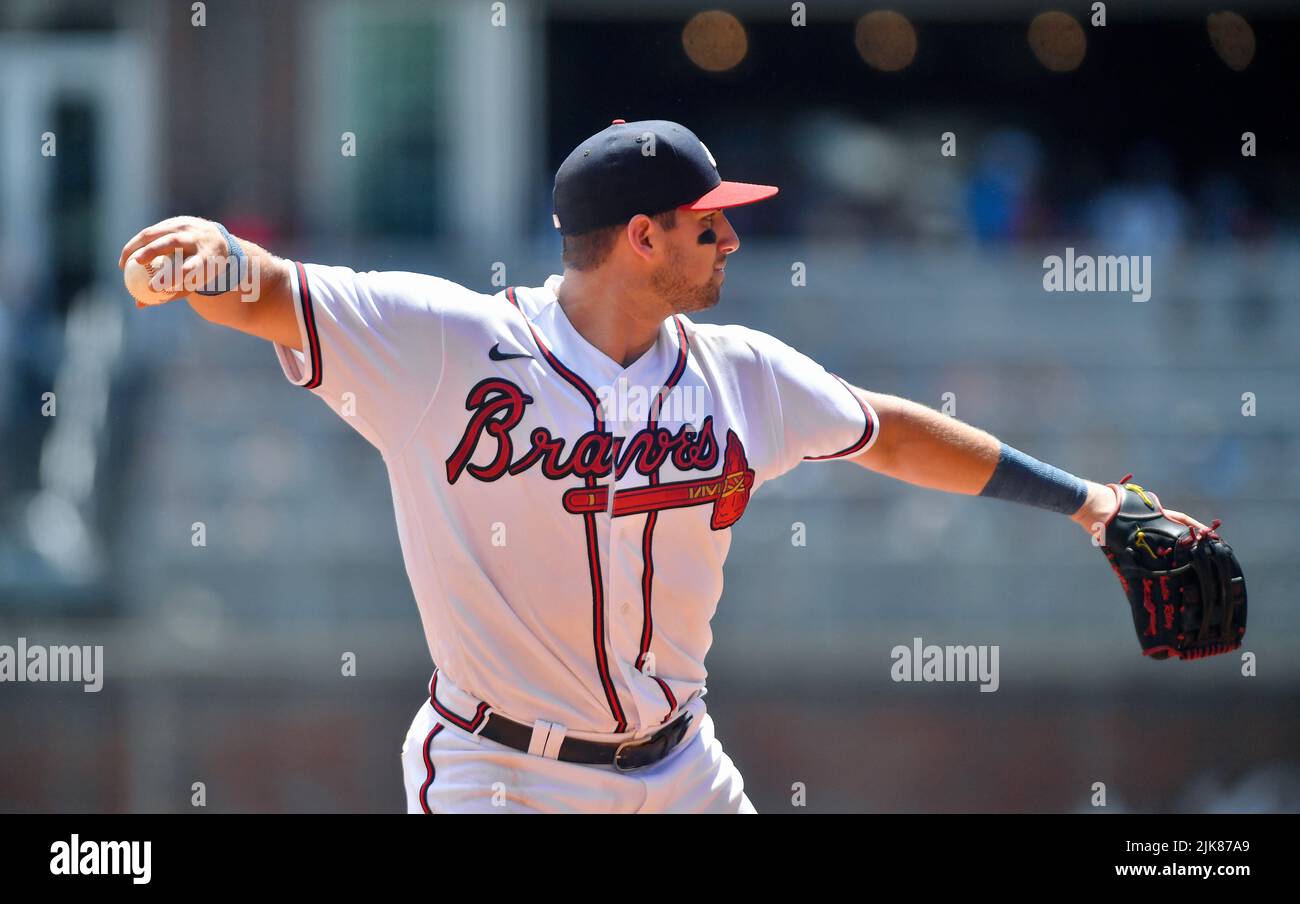 July 31, 2022: Atlanta Braves third baseman Austin Riley makes a throw ...