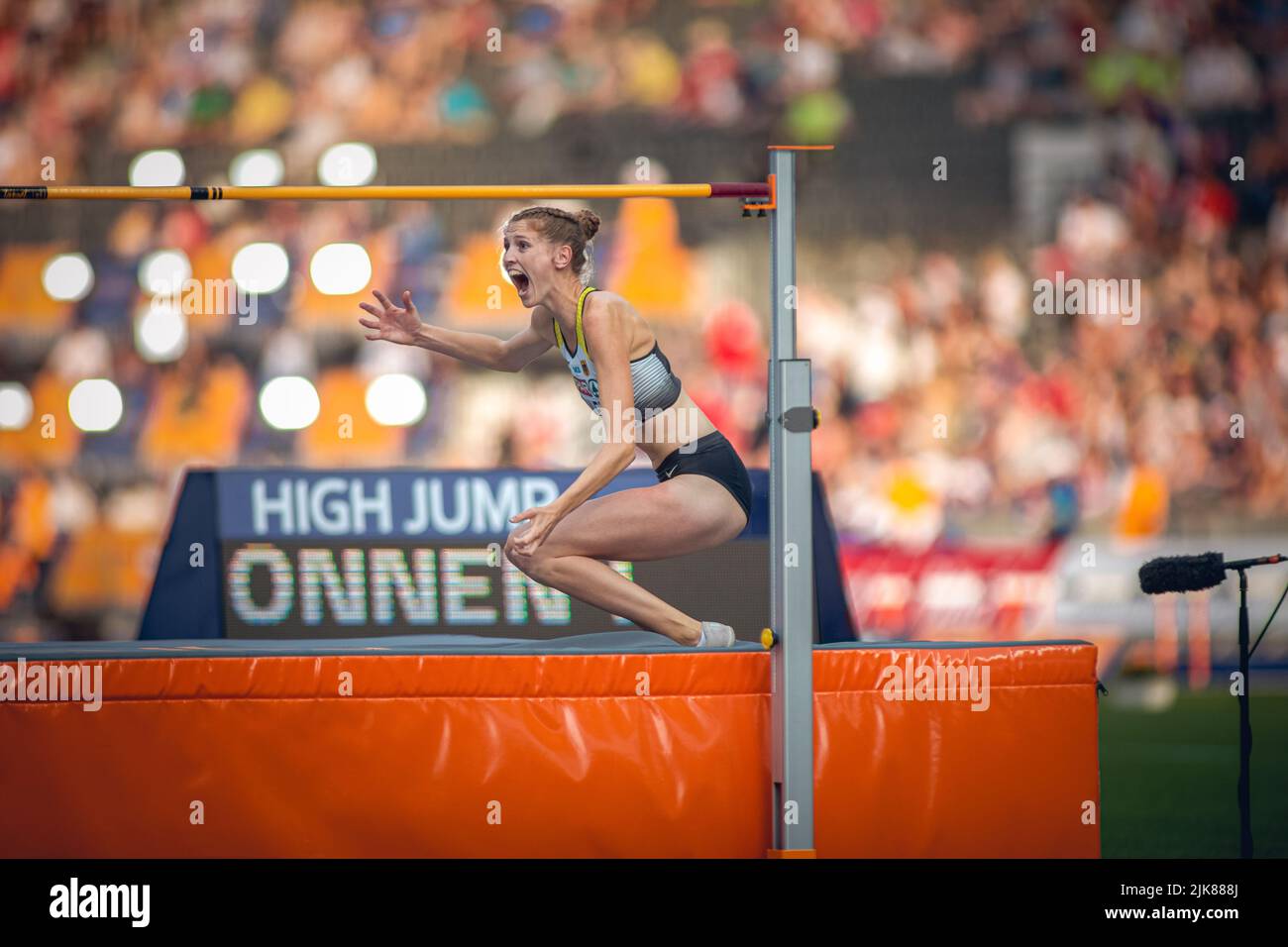 Imke Onnen celebrating a jump at the European Athletics Championships ...