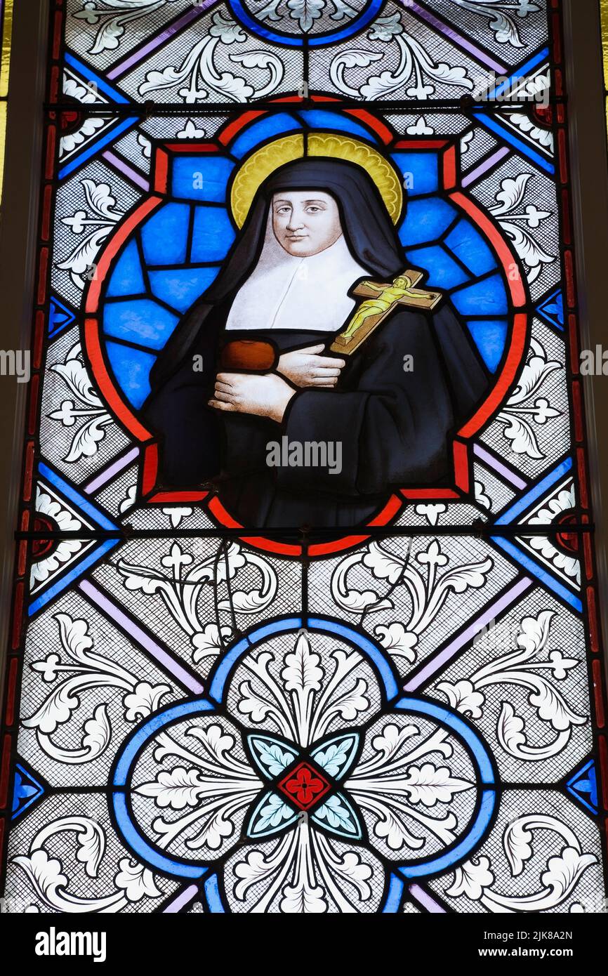 Stained glass window decorated with religious figure, Saint-Francois-de ...