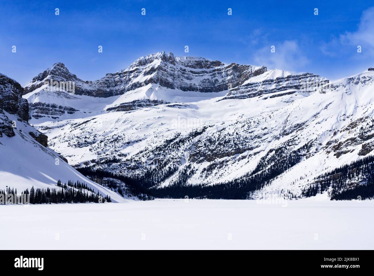 A frozen and snow covered Bow Lake and Bow Glacier, Banff National Park ...
