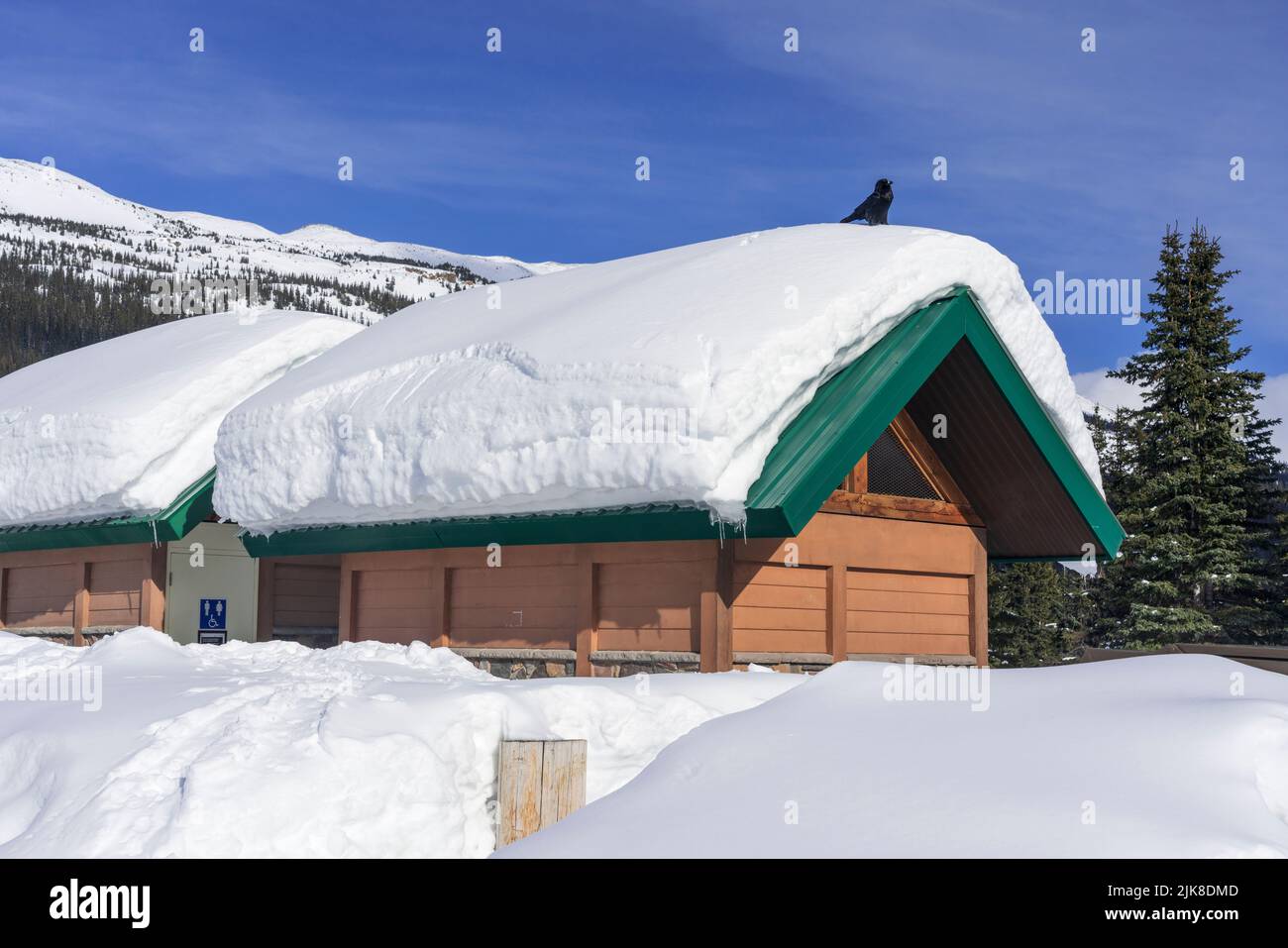 Snow covered huts at Bow Lake, Banff National Park, Alberta, Canada ...
