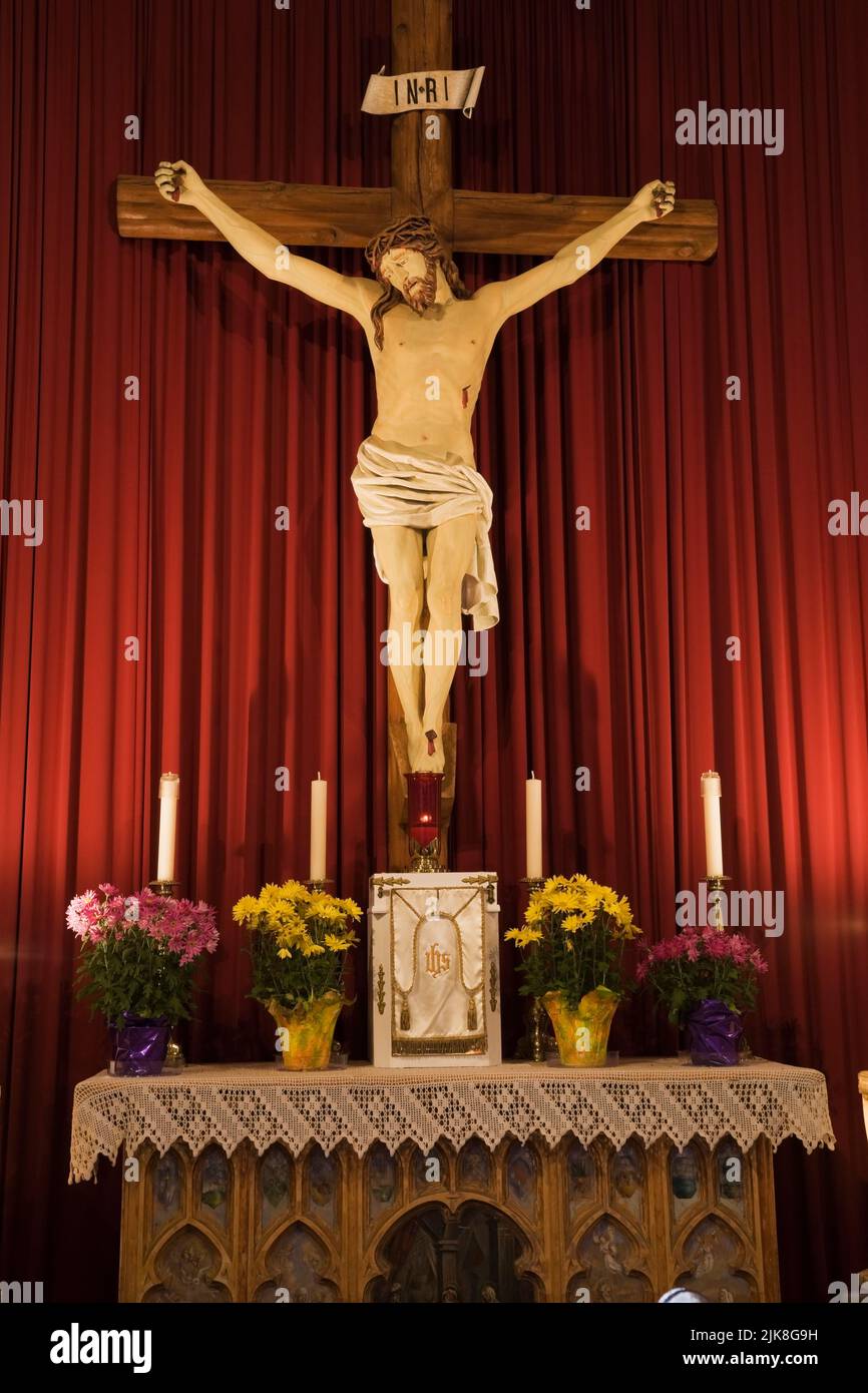 Jesus on the cross behind the altar inside Saint-Francois-de-Sales ...