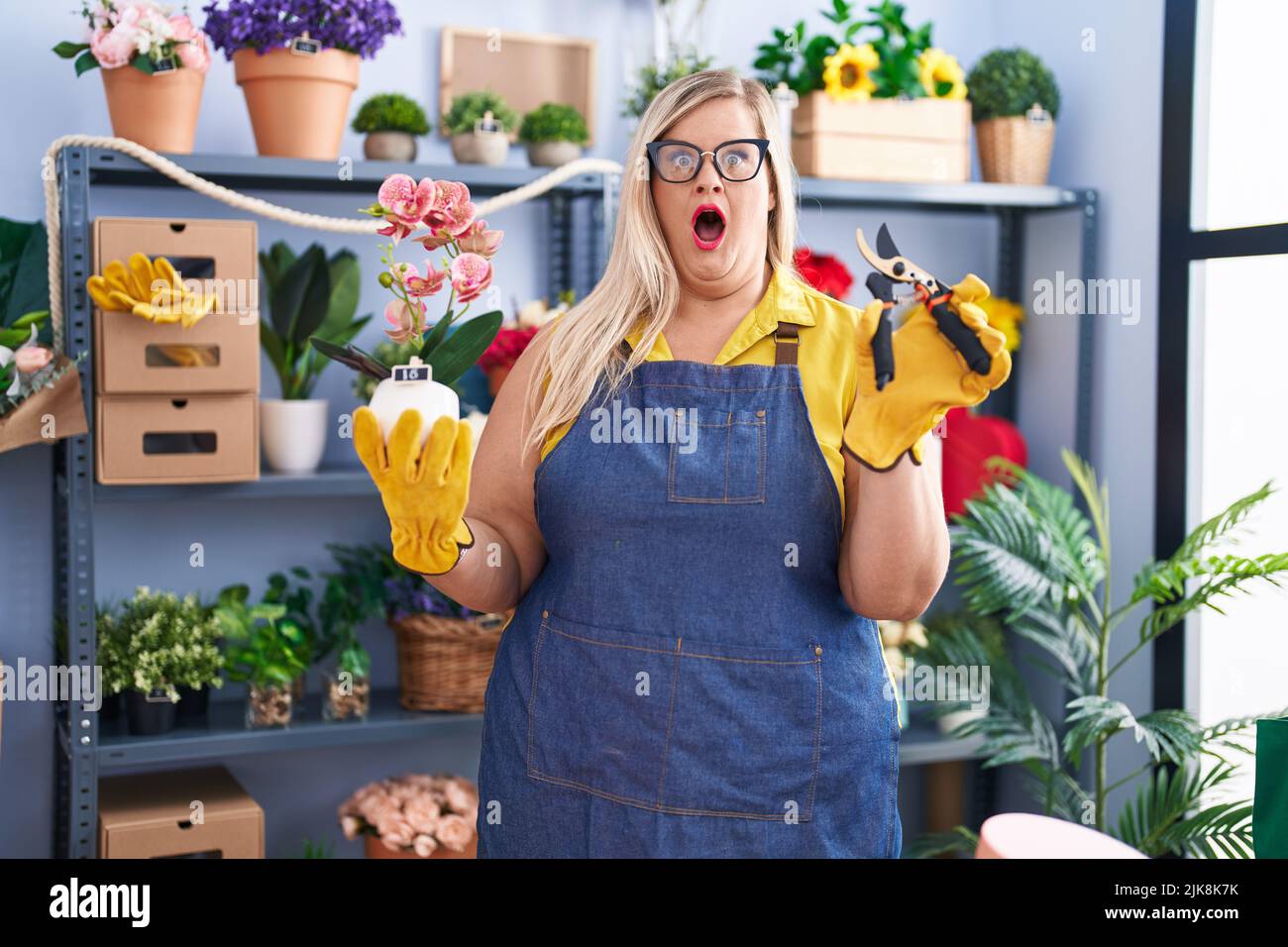 Caucasian plus size woman working at florist shop in shock face ...