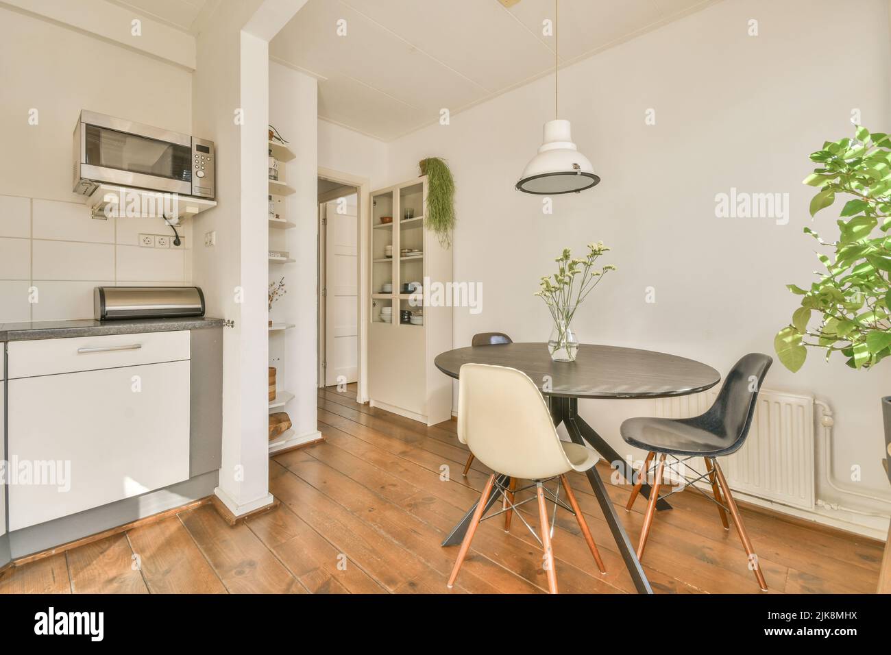 Interior of contemporary kitchen with stylish black cupboards and ...