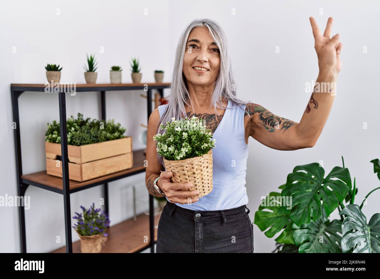 Middle age grey-haired woman holding green plant pot at home smiling ...