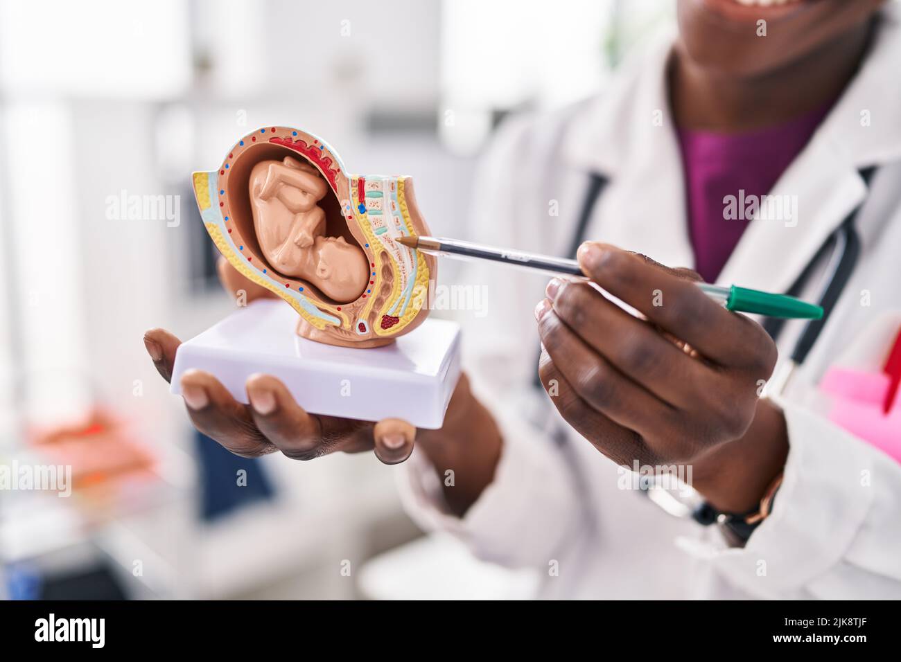 African american woman wearing doctor uniform holding anatomical model of uterus with fetus at ...