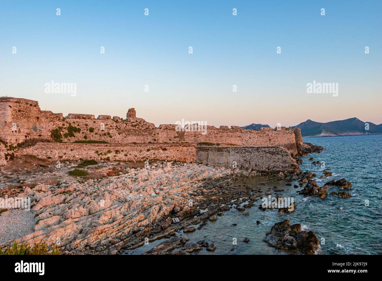 Iconic view of from the Methoni Castle towards the Ionian sea at sunset ...