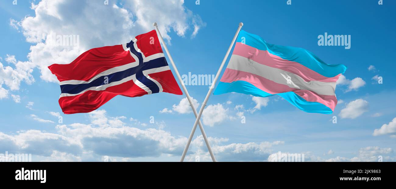 two crossed flags transgender Pride and Norway waving in wind at cloudy ...