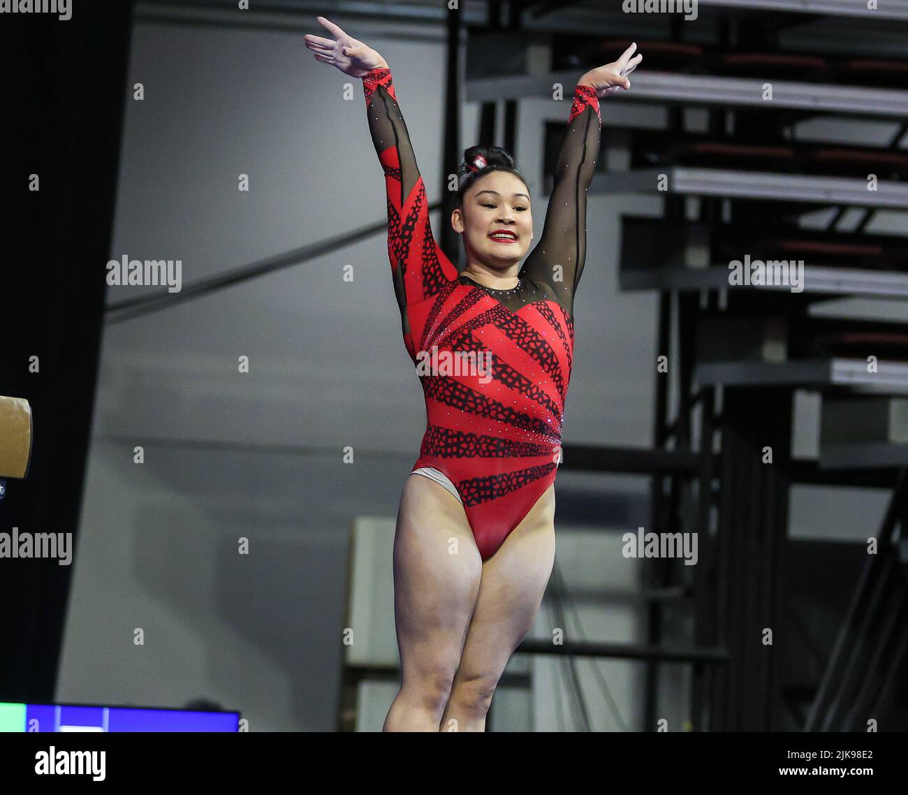 July 29, 2022: Ciena Alipio of Midwest Gym salutes the judges following ...