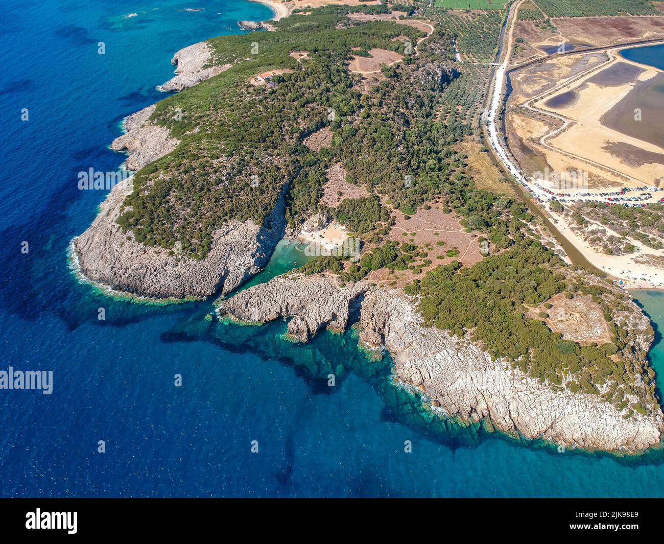 Aerial view of the iconic beach of Glossa near Voidokilia beach in ...