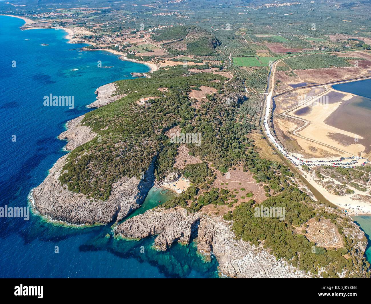 Aerial view of the iconic beach of Glossa near Voidokilia beach in ...