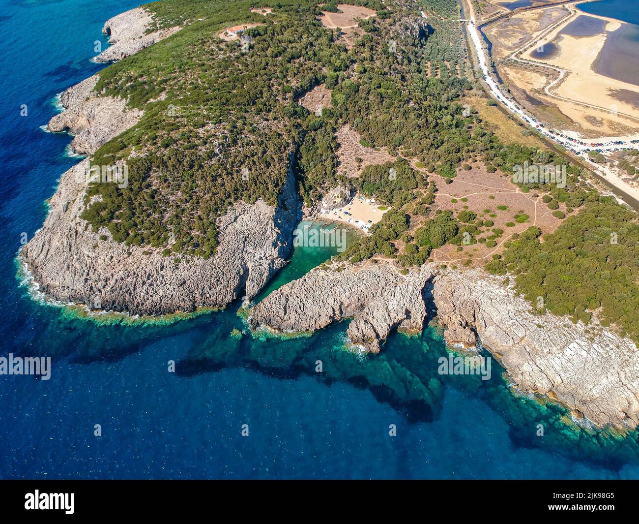 Aerial view of the iconic beach of Glossa near Voidokilia beach in ...