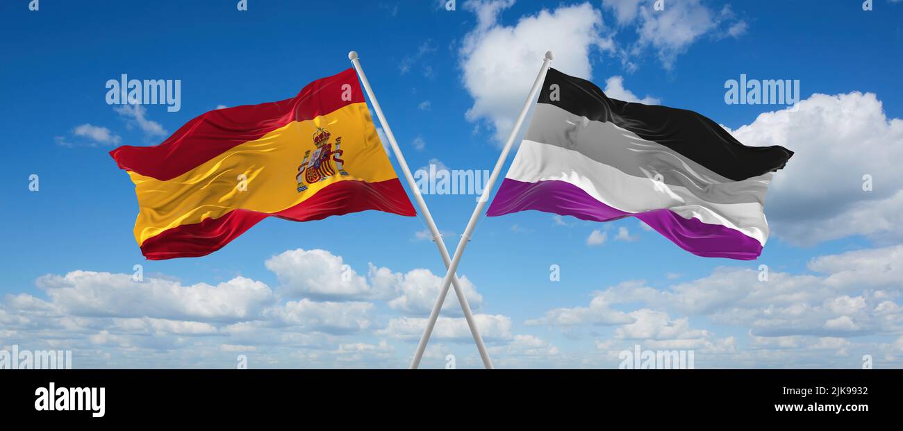 two crossed flags asexuality Pride and spain waving in wind at cloudy ...