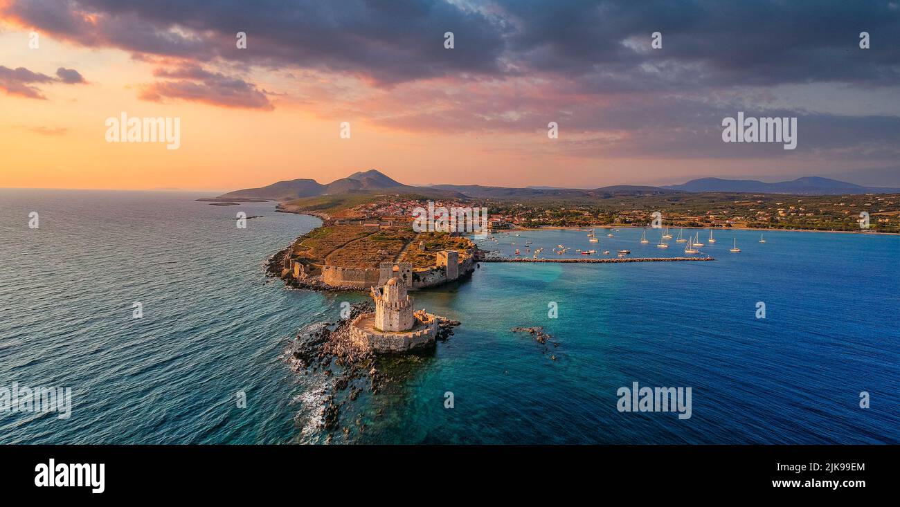 Aerial view over Methoni Castle and the fortified city. Its one of the ...