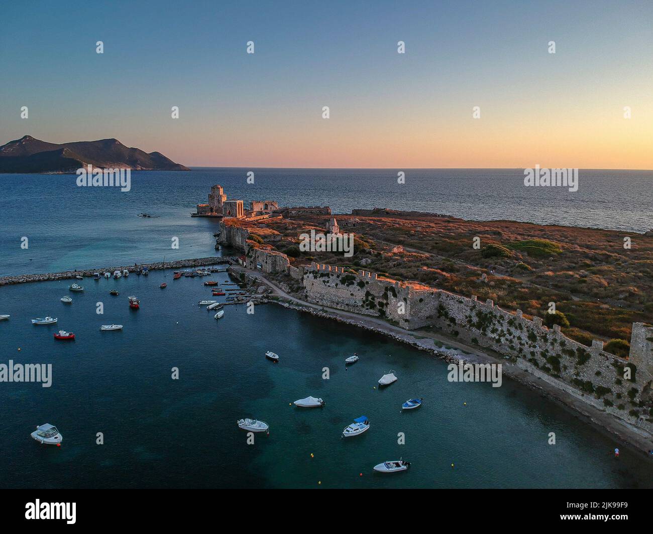 Aerial view over Methoni Castle and the fortified city. Its one of the ...