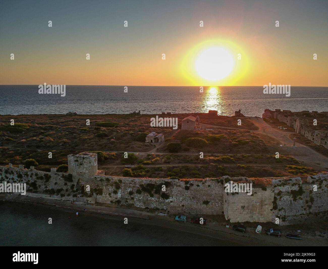 Aerial view over Methoni Castle and the fortified city. Its one of the ...
