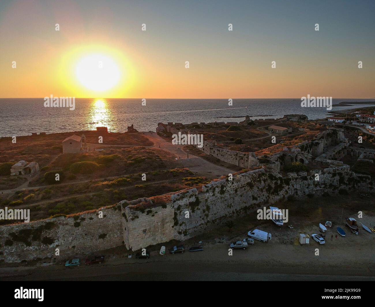 Aerial view over Methoni Castle and the fortified city. Its one of the ...