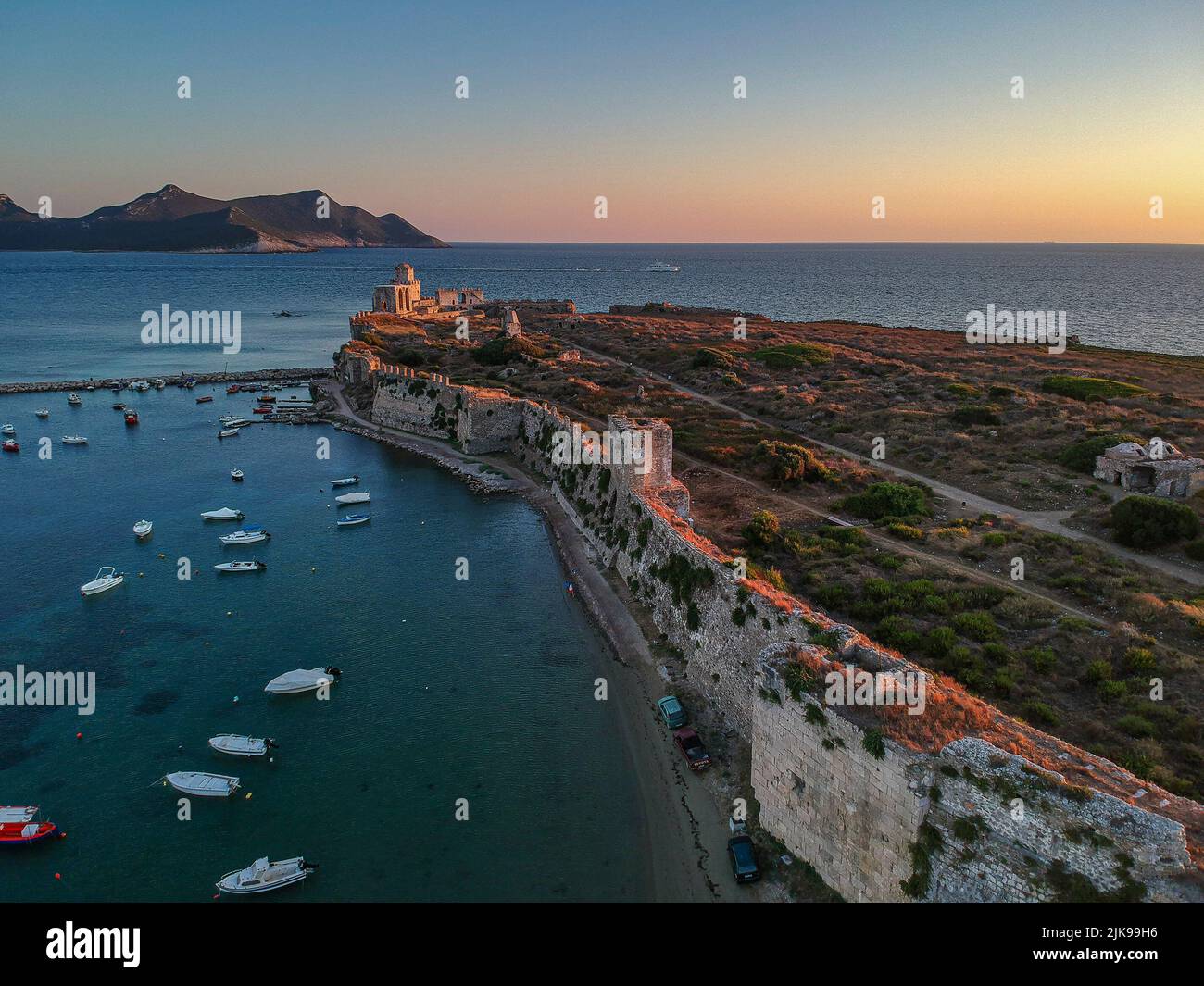 Aerial view over Methoni Castle and the fortified city. Its one of the ...