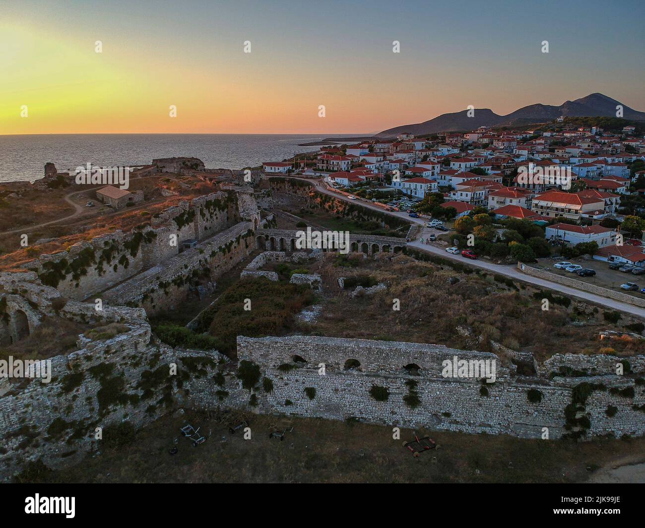 Aerial view over Methoni Castle and the fortified city. Its one of the ...