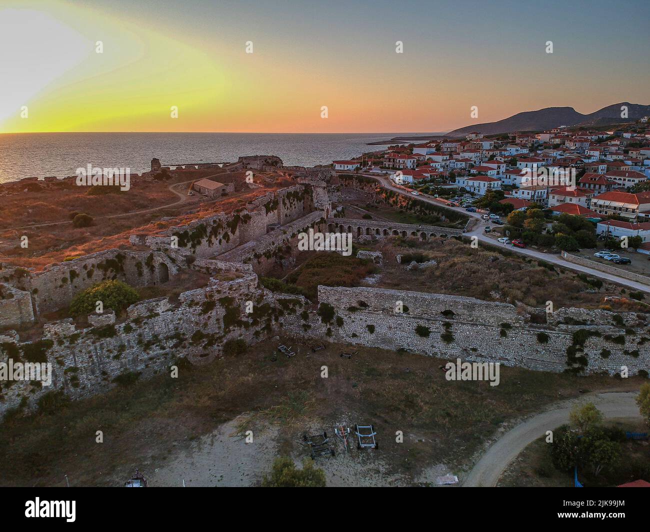 Aerial view over Methoni Castle and the fortified city. Its one of the ...