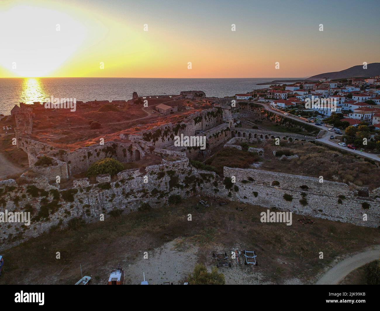 Aerial view over Methoni Castle and the fortified city. Its one of the ...