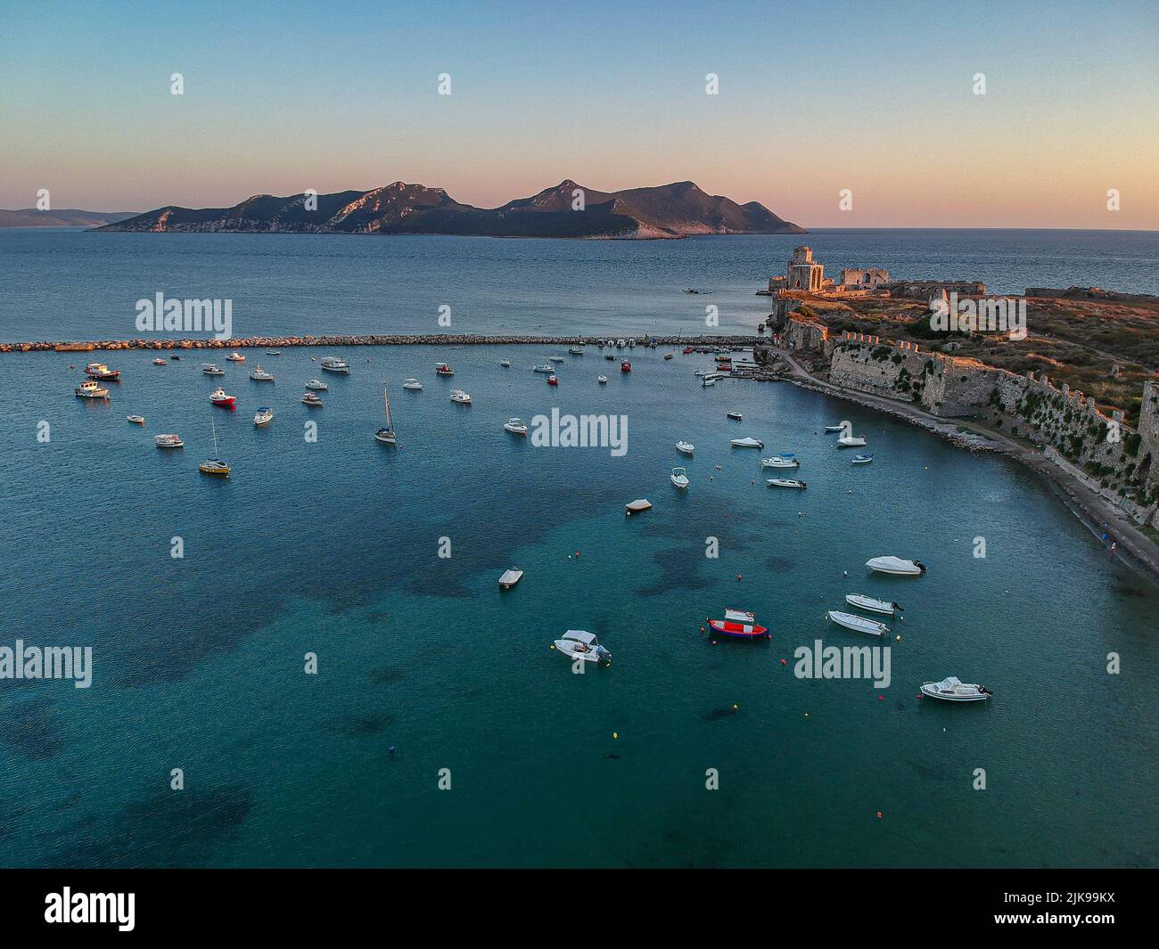 Aerial view over Methoni Castle and the fortified city. Its one of the ...