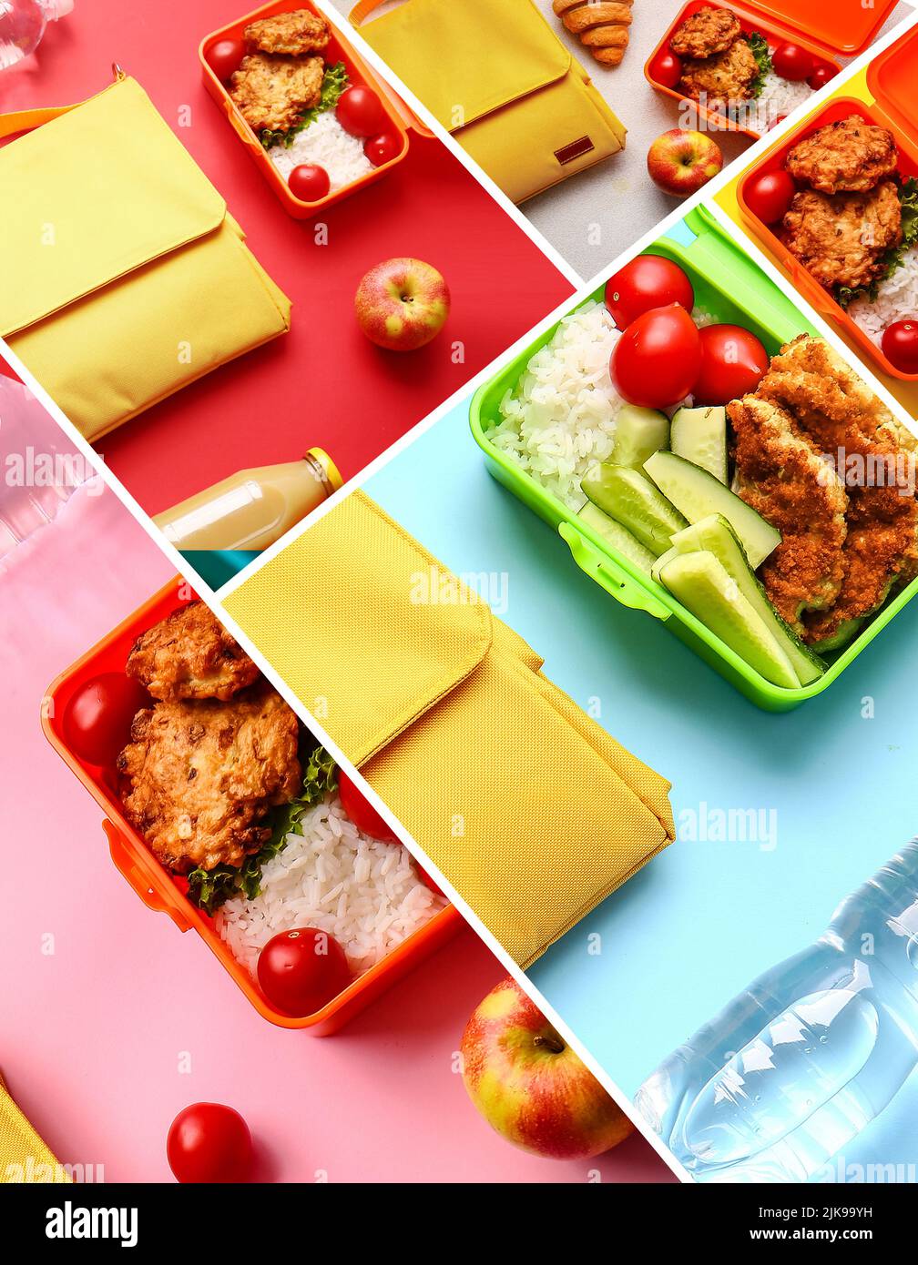 Collage with many different lunch boxes full of tasty food Stock Photo ...