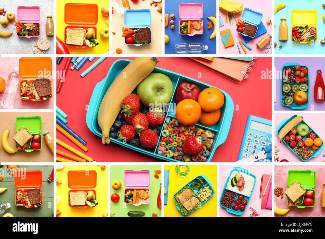 Collage with many different lunch boxes full of tasty food Stock Photo ...