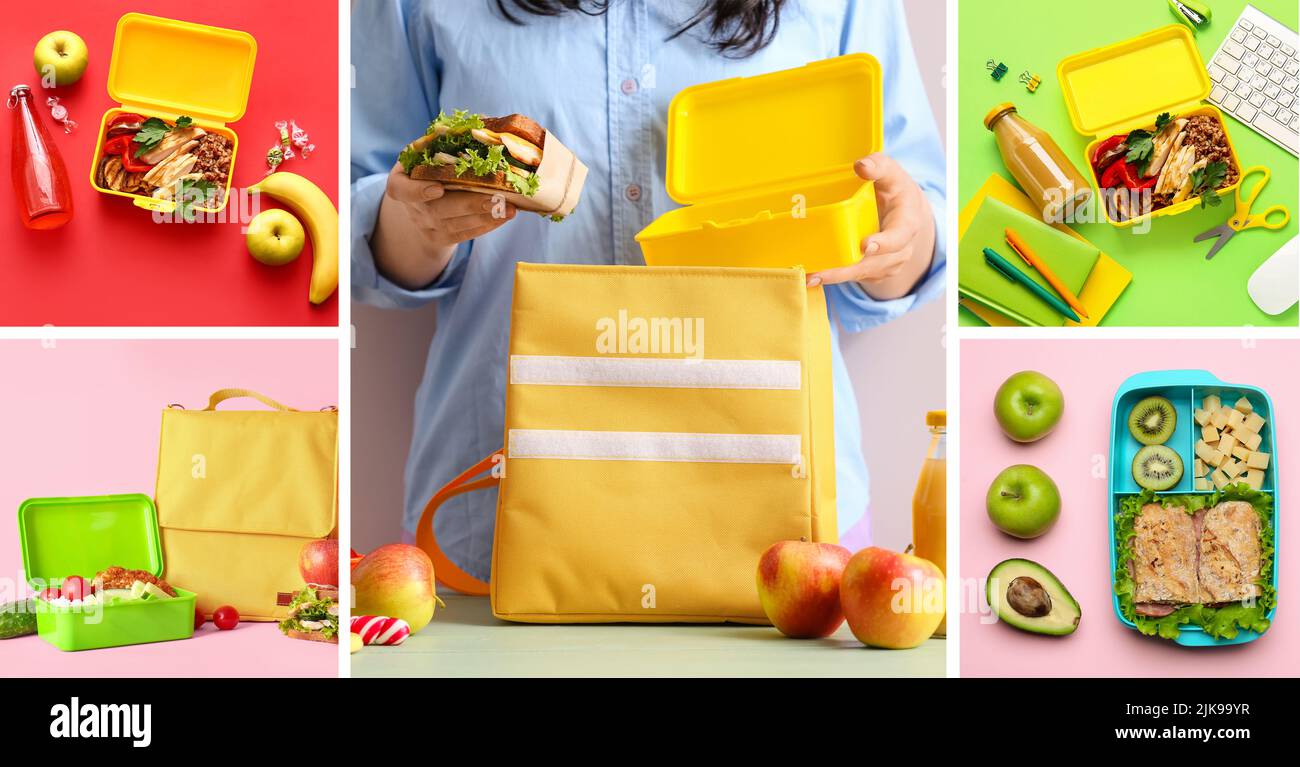 Collage with different lunch boxes and woman putting food in thermo bag ...