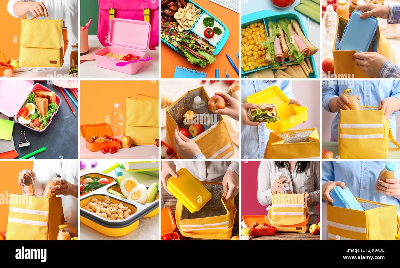 Collage with many different lunch boxes and thermo bags full of food ...