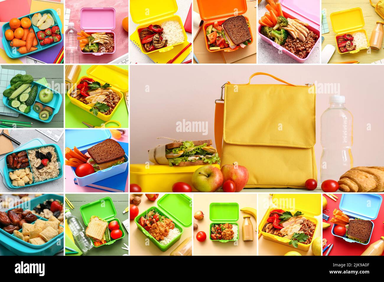 Collage with many different lunch boxes full of tasty food Stock Photo ...