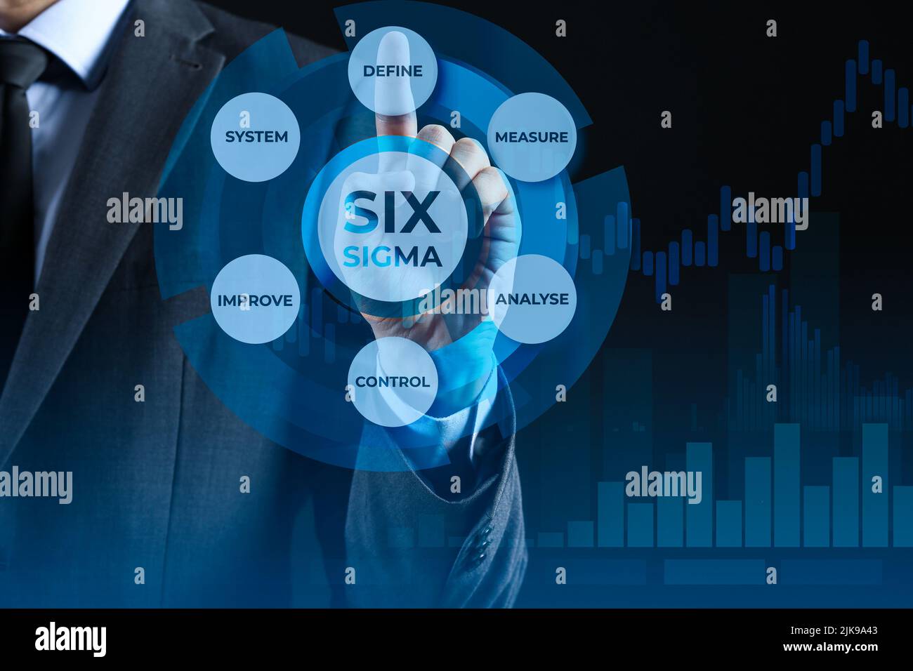 Businessman using virtual screen on dark background. 6 sigma concept ...