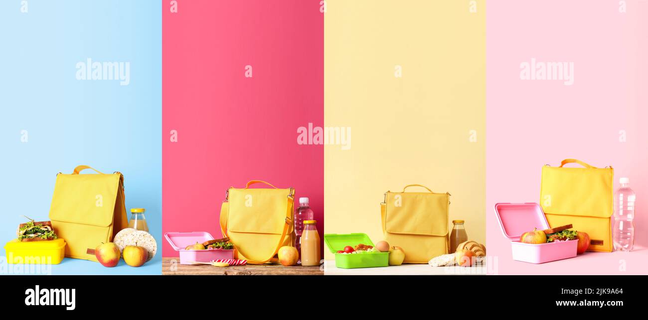 Collage with lunch boxes and thermo bags full of tasty food Stock Photo ...