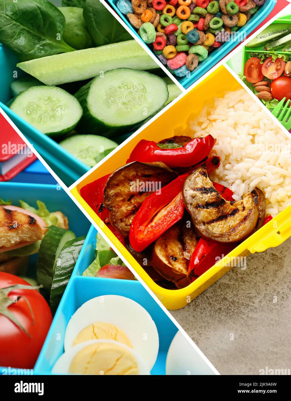 Collage with many different lunch boxes full of tasty food Stock Photo ...