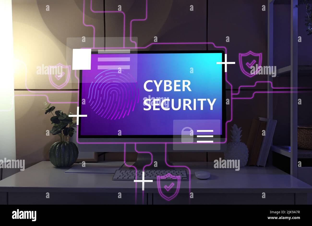 Modern computer at workplace in evening. Cyber security concept Stock ...