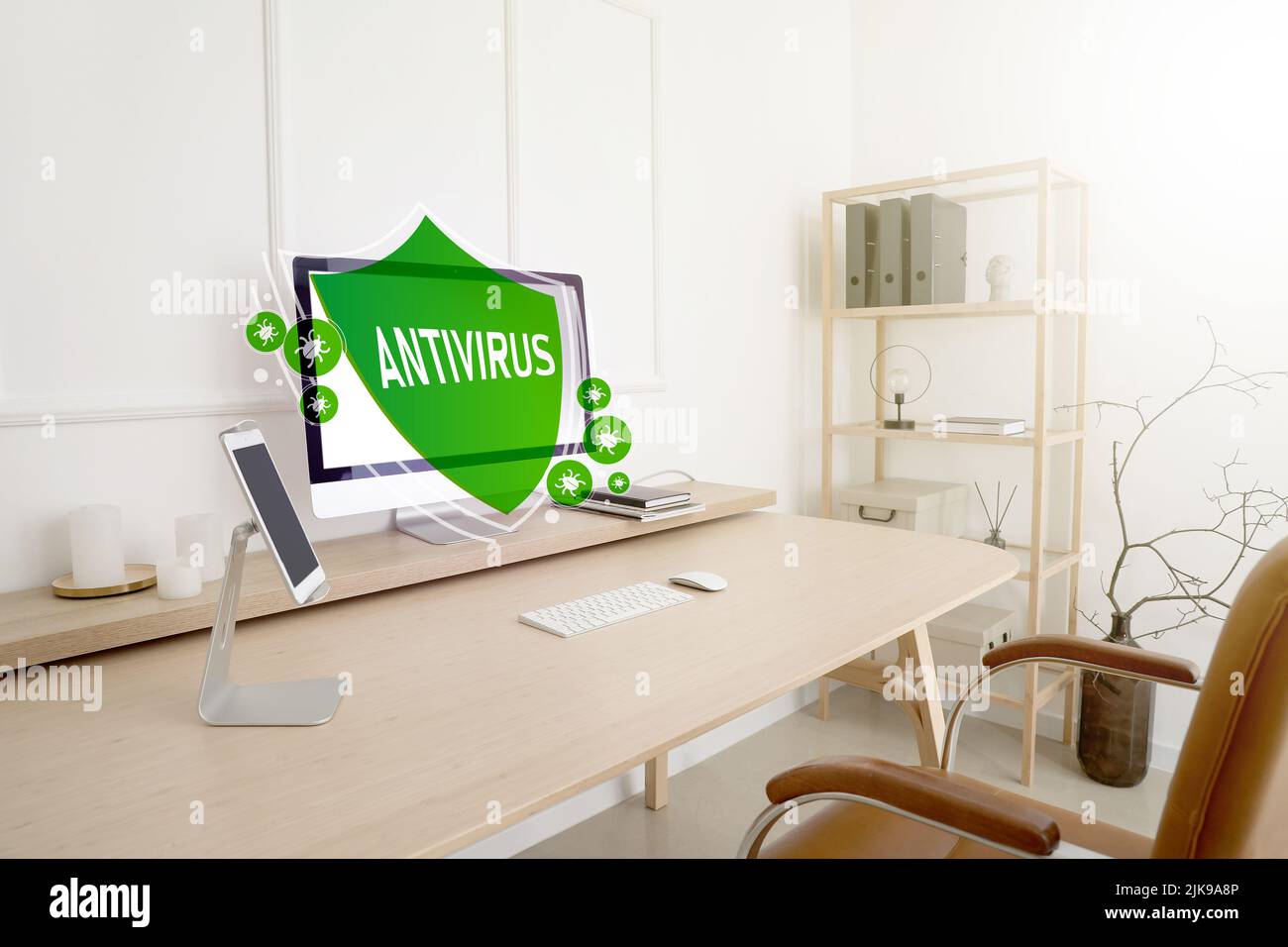 Modern computer on table in office. Antivirus concept Stock Photo - Alamy