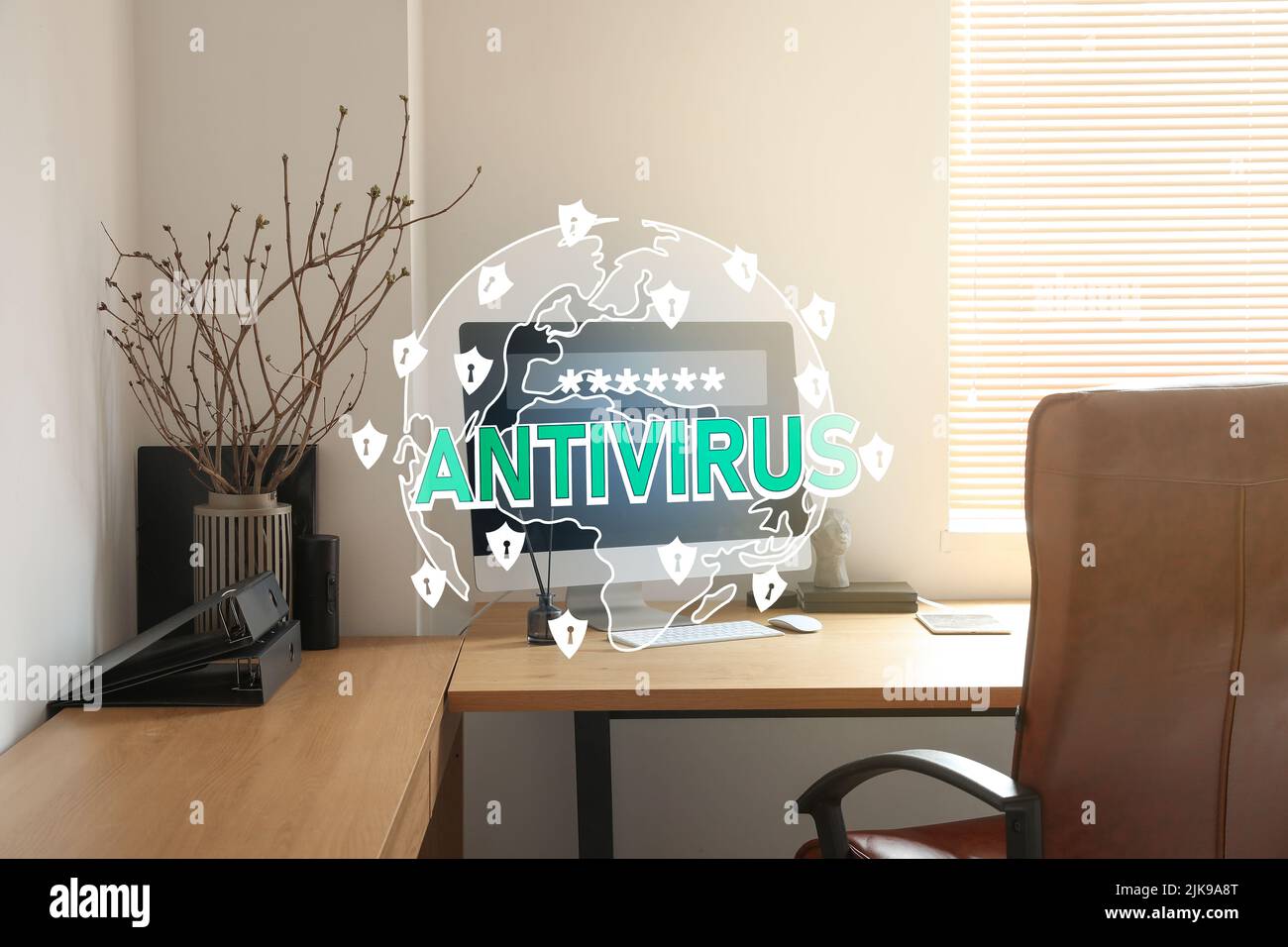 Modern computer on table in office. Antivirus concept Stock Photo - Alamy