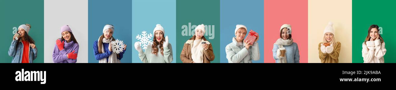 Set of pretty women in winter clothes on color background Stock Photo ...