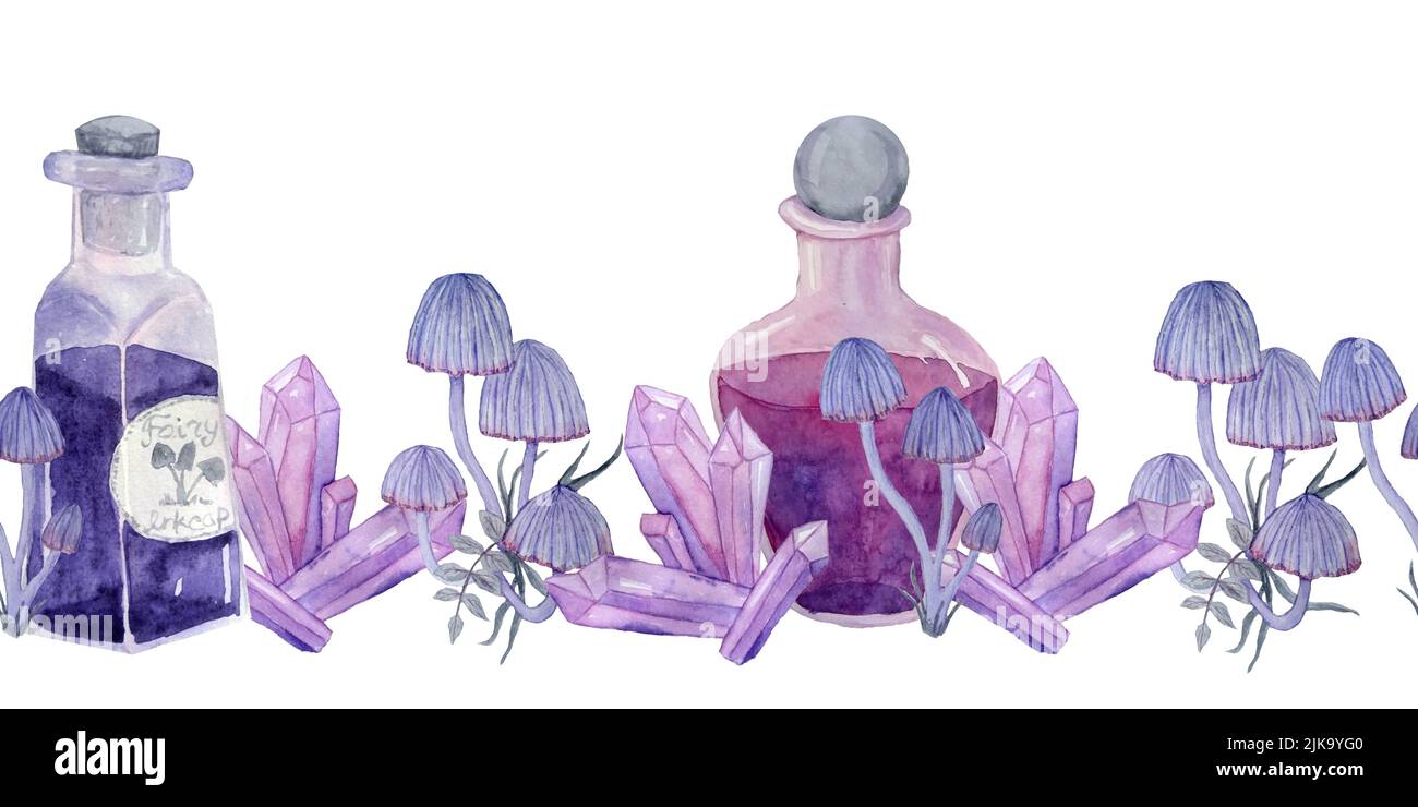 Watercolor hand drawn seamless horizontal border with purple pink ...